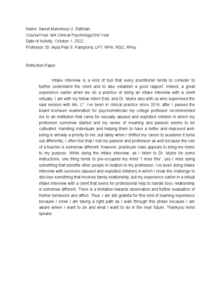 Psychology Practicum Reflection | PDF