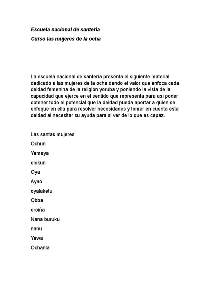 Escuela Nacional de Santería Curso Las Mujeres de La Ocha | PDF