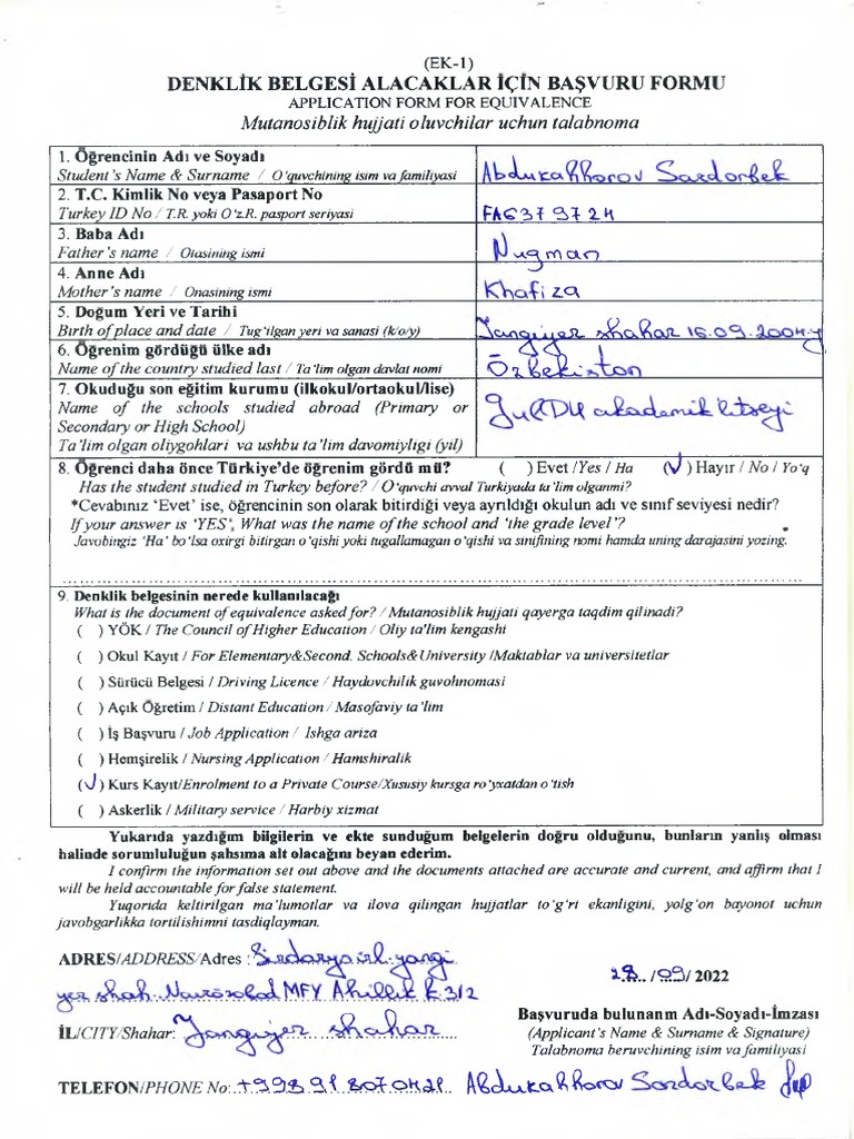 Facm Ftuk: Denklik Belgesl Alacaklar I in Ba$Vuru Formu | PDF