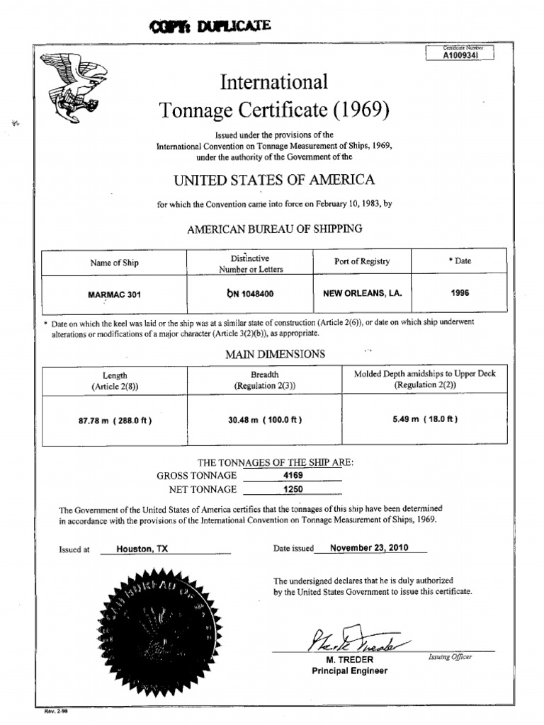 Marmac 301 International Tonnage Certificate | PDF