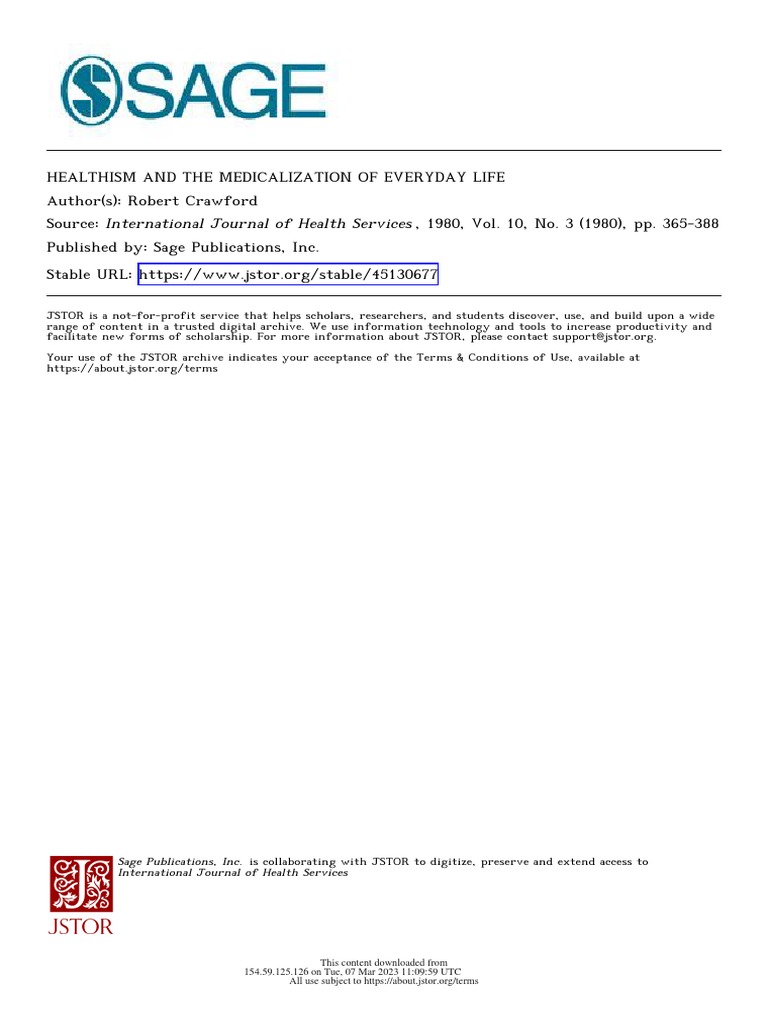 Crawford HEALTHISM AND THE MEDICALIZATION OF EVERYDAY LIFE | PDF ...