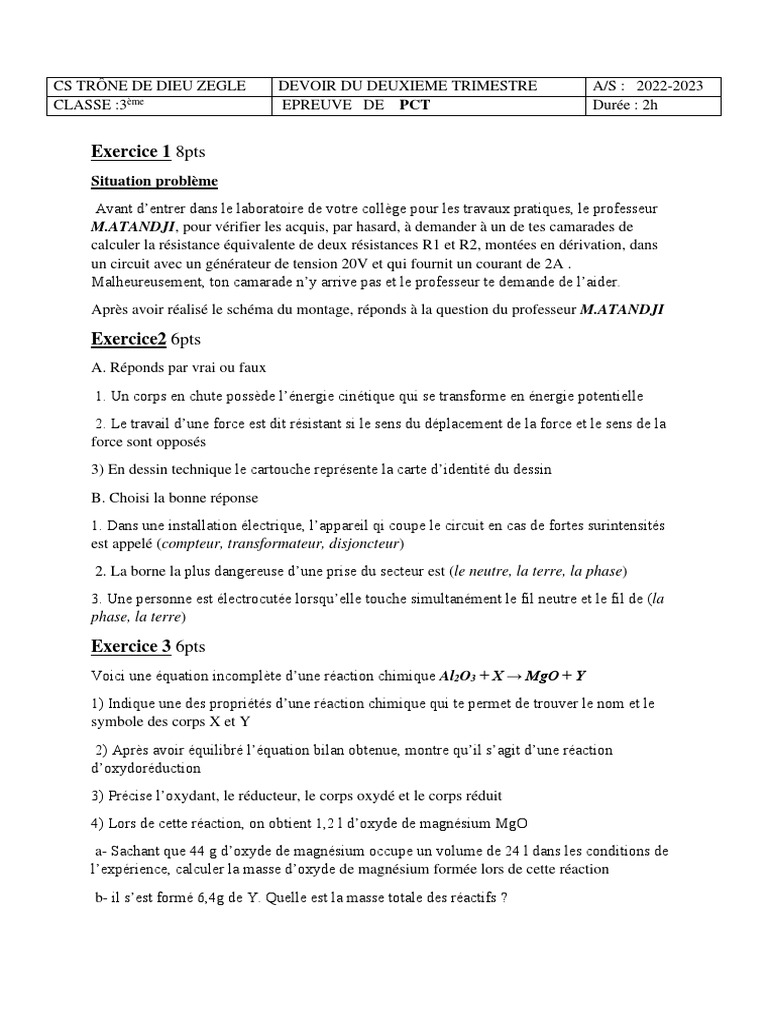 DST 2T PCT 3ème | PDF