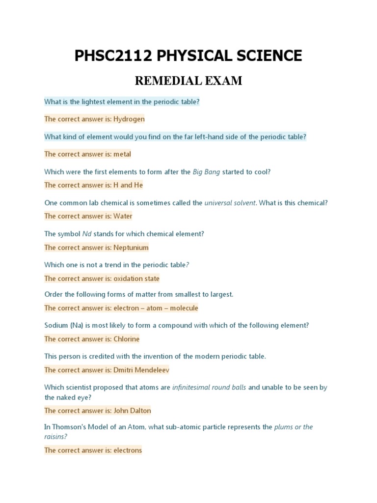 PHSC2112 PHYSICAL SCIENCE Remedial Exam WEWO! | PDF | Atoms | Chemical ...