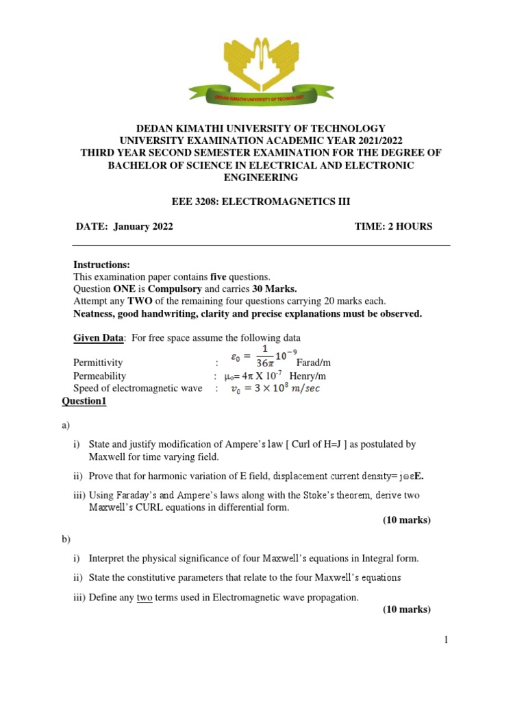EEE-ETI 3208 ELECTROMAGNETICS III Exam | PDF | Waves | Electromagnetic Radiation
