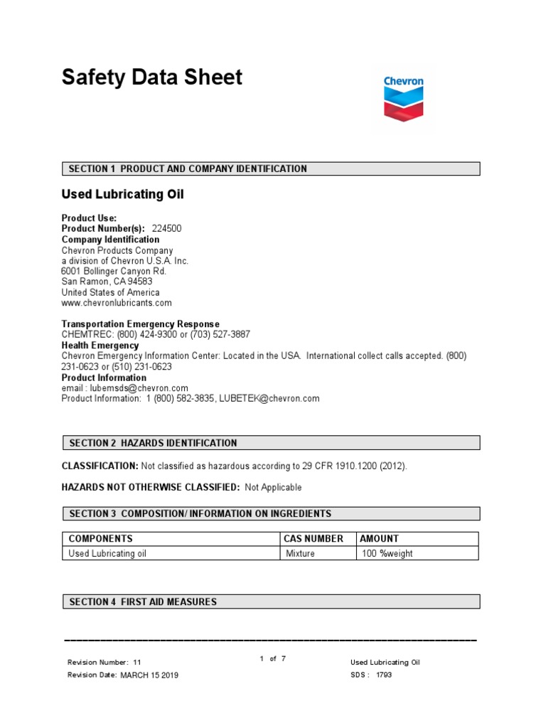 SDS - Used Lubricating Oil (New) 2019 | PDF | Personal Protective ...