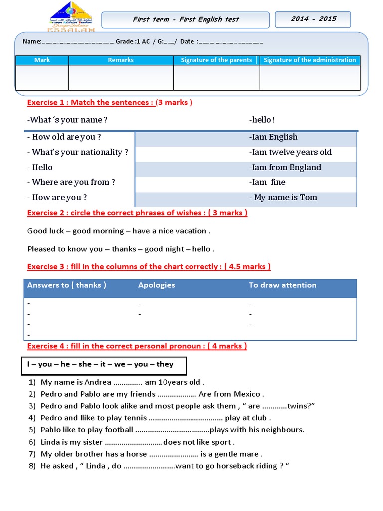 test-1-model-4-english-1ac-first-term | PDF | Grammar | Cognitive Science