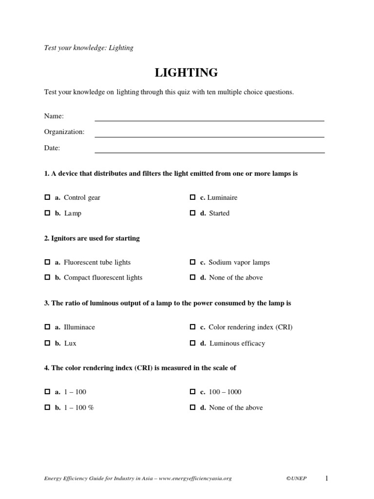 Lighting: Test Your Knowledge: Lighting | PDF