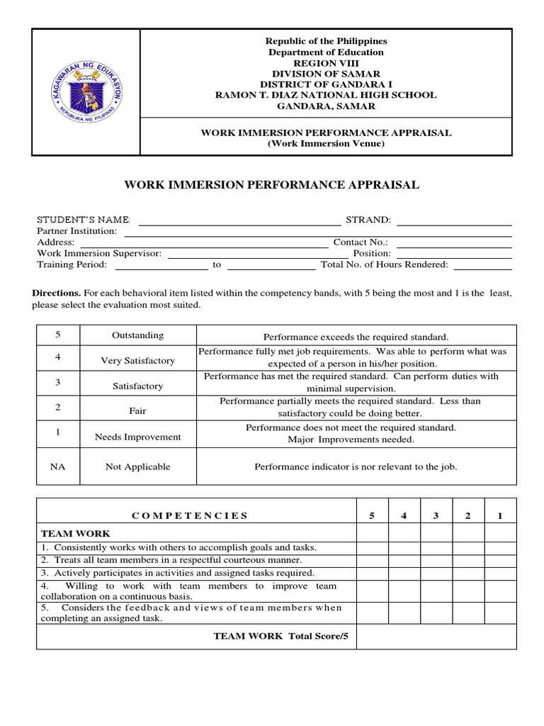Work Immersion Rating Sheet | PDF | Psychological Resilience | Judgment (Law)