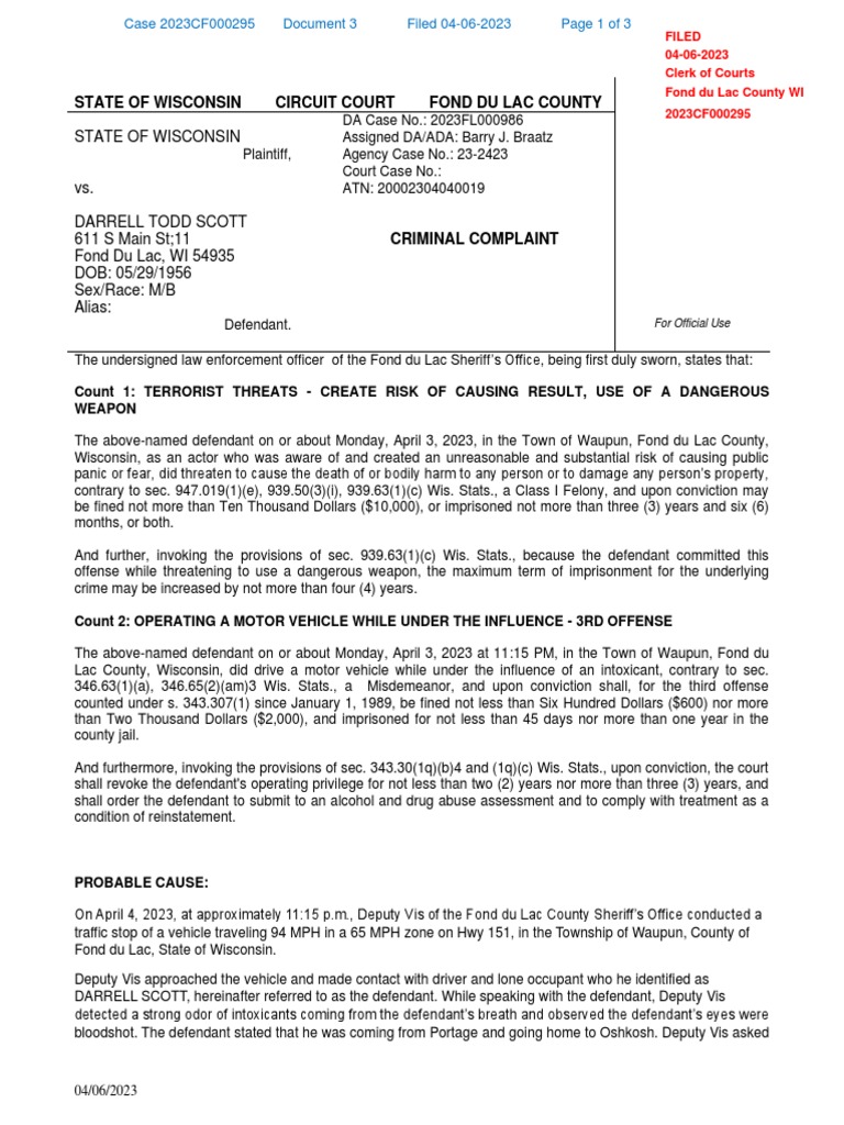 Criminal Complaint - 2 - Scott, Darrell Todd - 2023CF000295 | PDF ... Criminal Complaint - 2 - Scott, Darrell Todd - 2023CF000295 | PDF ...