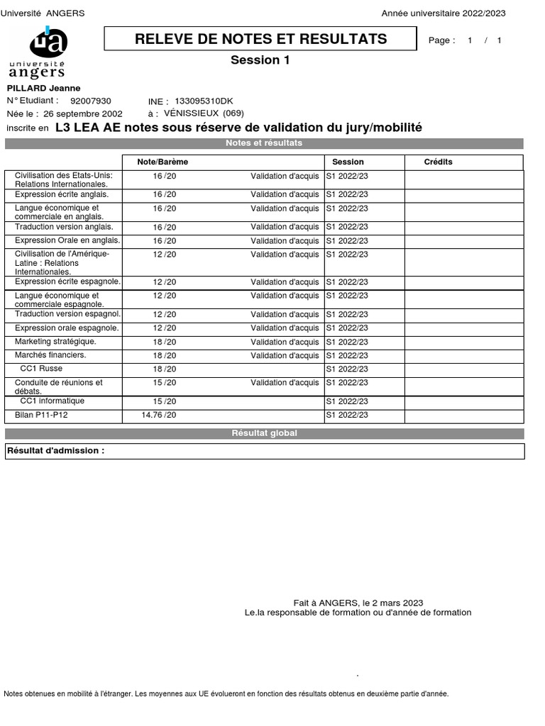 Relevé de notes L3 LEA 2022/2023 | PDF