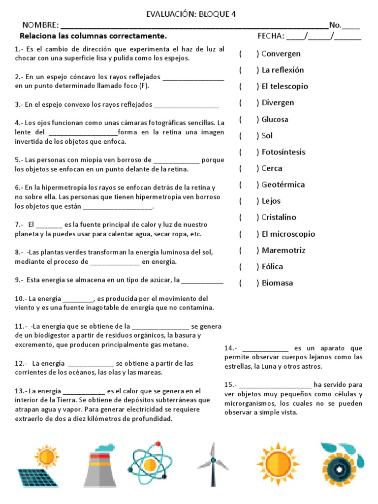 Examen Ciencias Energia y Lentes Bloque 4 - 6° Grado Primaria | PDF ...