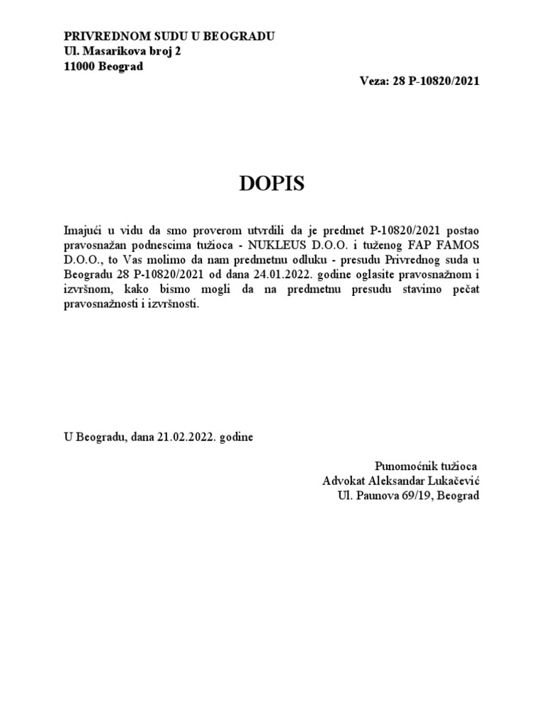 Dopis: Privrednom Sudu U Beogradu Ul. Masarikova Broj 2 11000 Beograd Veza: 28 P-10820/2021 | PDF