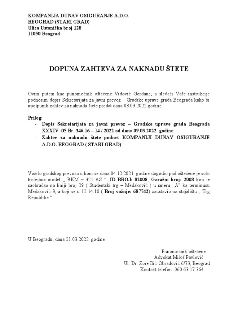 Dopuna Zahteva Za Naknadu Štete | PDF