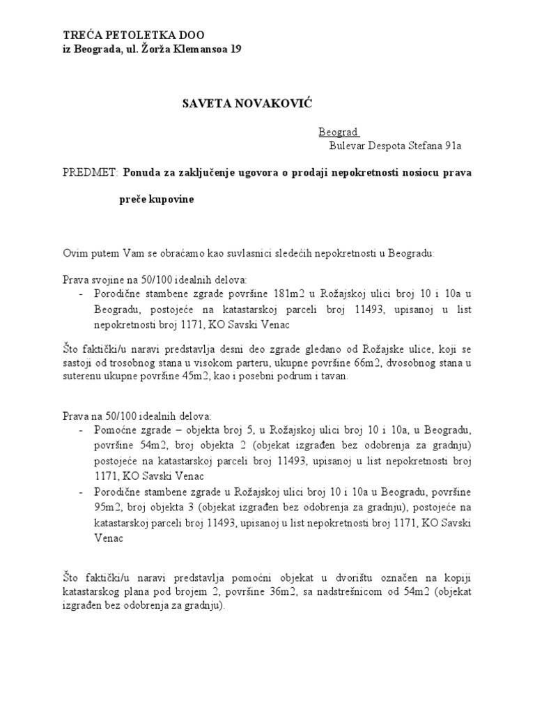 Ponuda Za Zaključenje Ugovora - Saveta Novaković | PDF