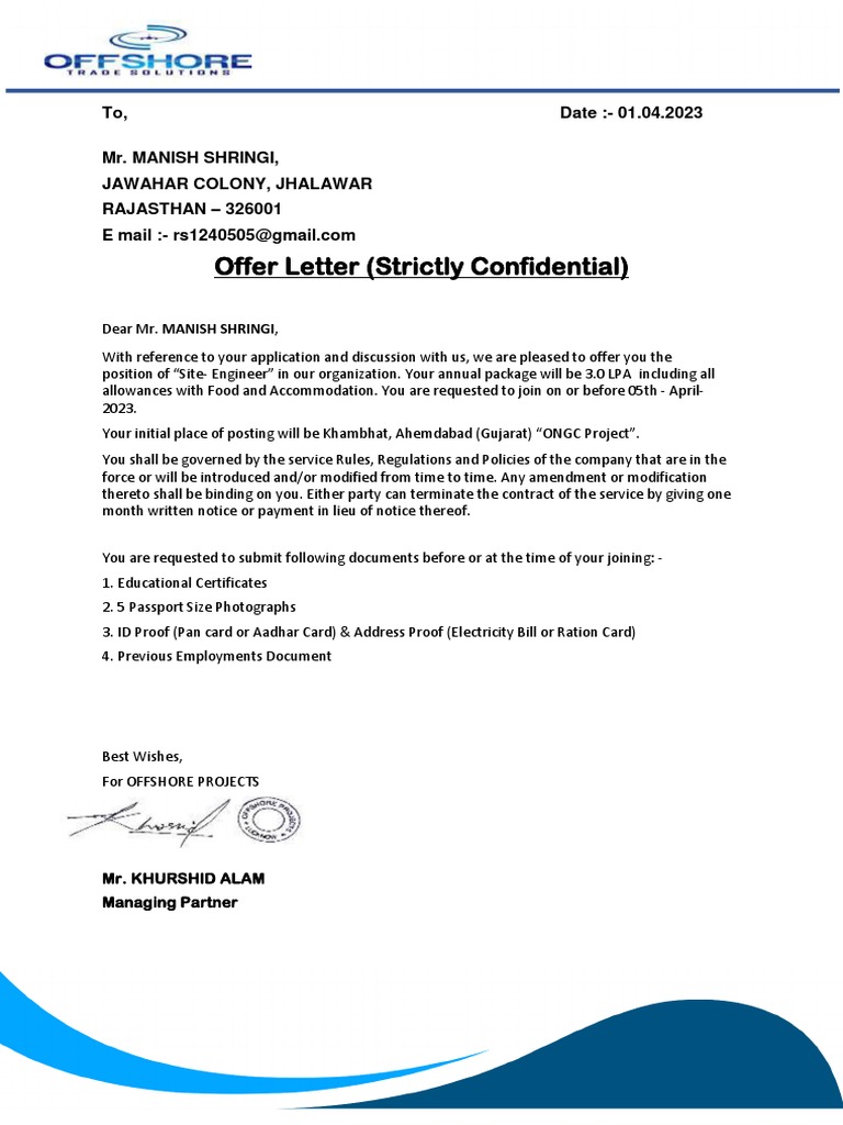 Site Engineer Offer Letter - ONGC Project | PDF