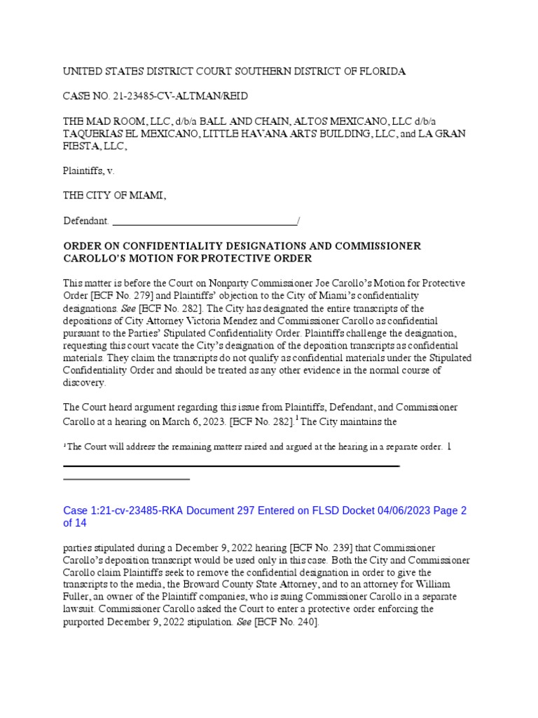 Denial of Protective Order and Depositions City of Miami April 2023 ...