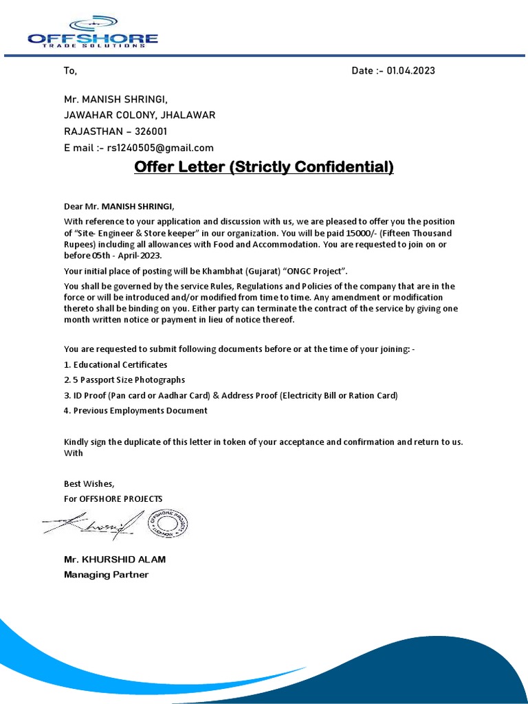 Manish Offer Letter | PDF