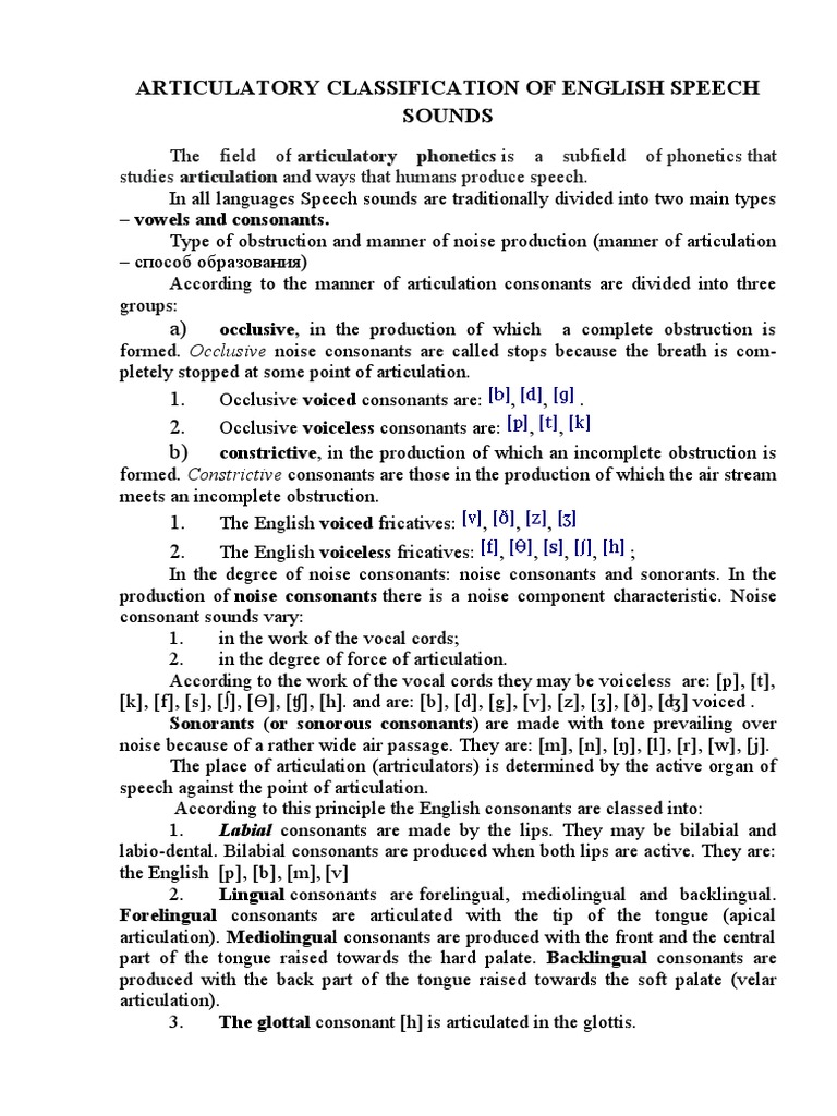 Articulatory Classification of English Speech Sounds | PDF