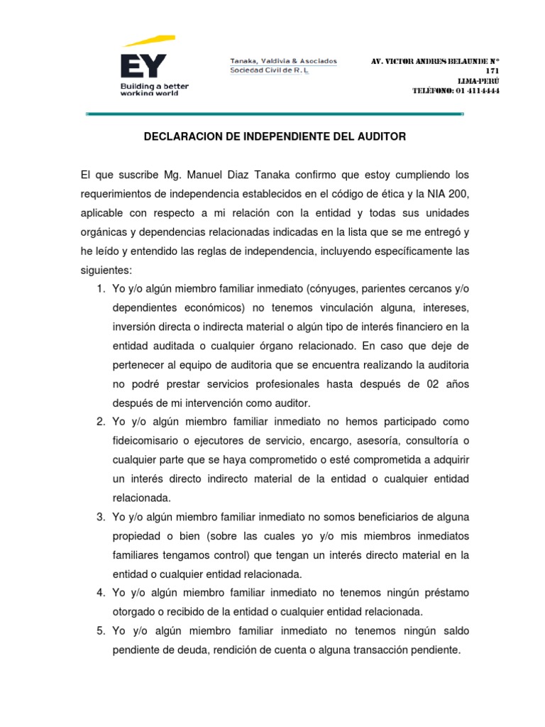 Declaracion de Independencia de Parte Del Auditor | PDF | Auditoría ...