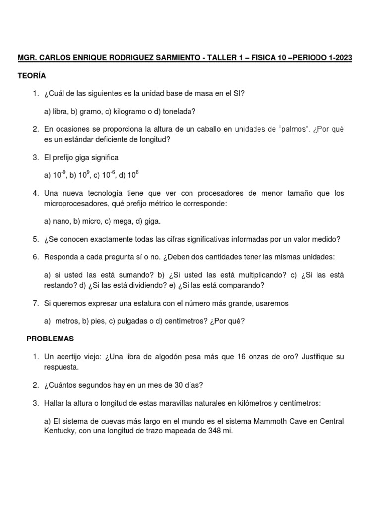 Taller 1 Fisica 10 2023 | PDF | Libra (masa) | Velocidad