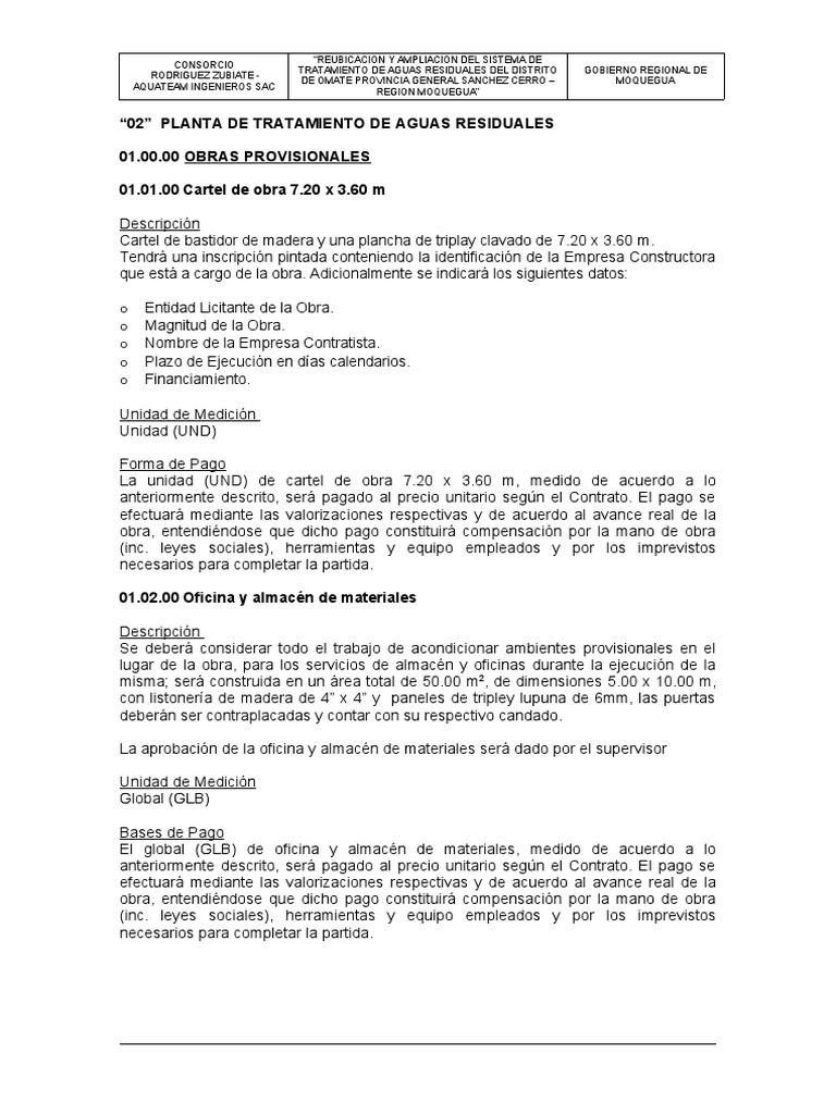 02 Especif. Técn. Pta. Trat. OMATE | PDF | Cemento | Hormigón