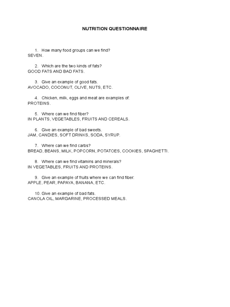 Nutrition Questionnaire | PDF