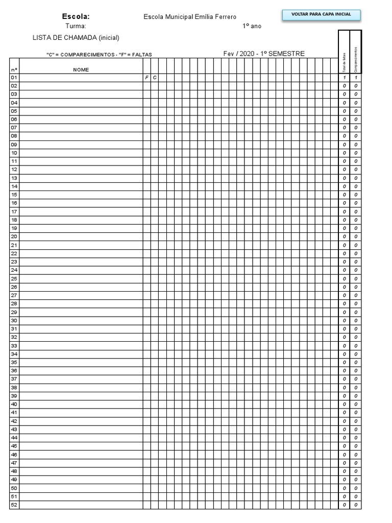 Escola:: Escola Municipal Emília Ferrero Turma: 1º Ano LISTA DE CHAMADA (Inicial) Fev / 2020 ...