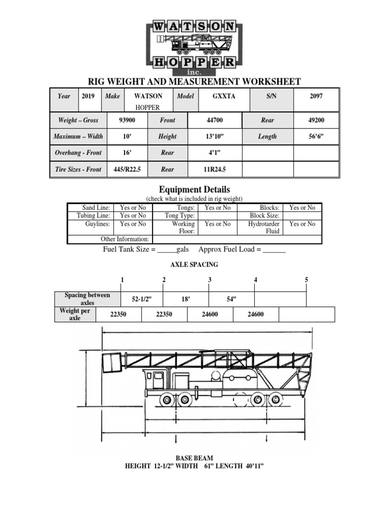 Rig Weight and Measurement Worksheet: 2019 Watson Gxxta S/N 2097 | PDF