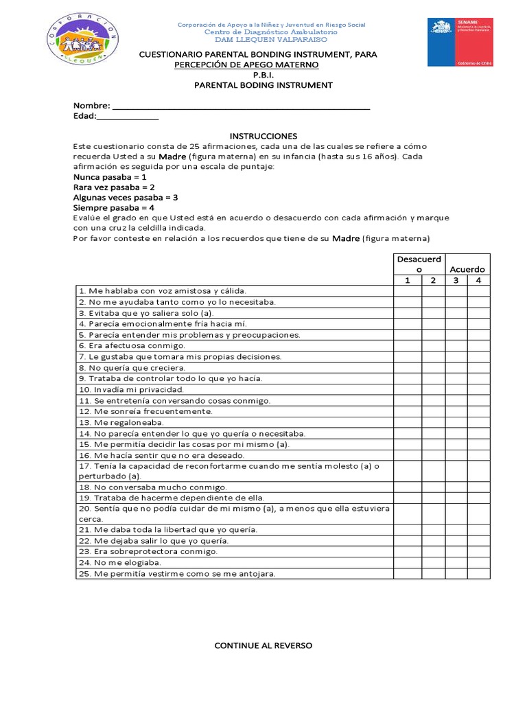 Cuestionario Parental Bonding Instrument | PDF