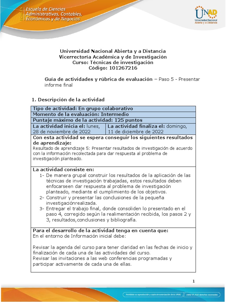 Guia de Actividades y Rúbrica de Evaluación Actividad Paso 5 - Presentar Informe Final ...