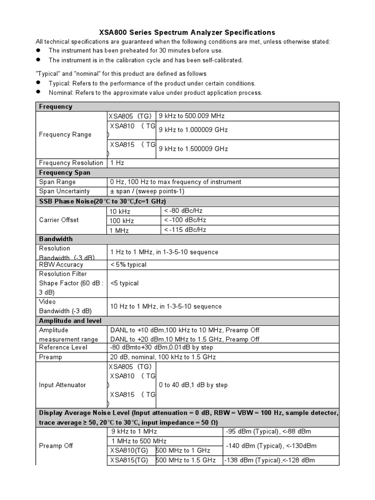 Xsa800 Series Spectrum Analyzer Specifications Pdf Hertz Decibel
