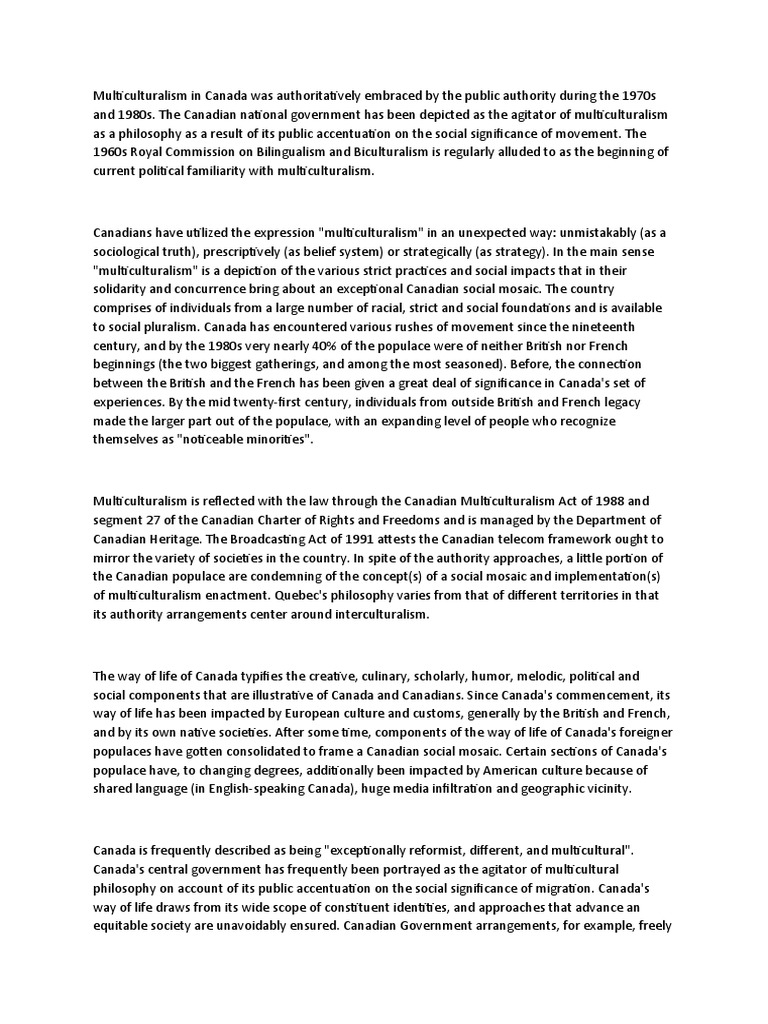 Multiculturalism In Canada Pdf Canada Multiculturalism