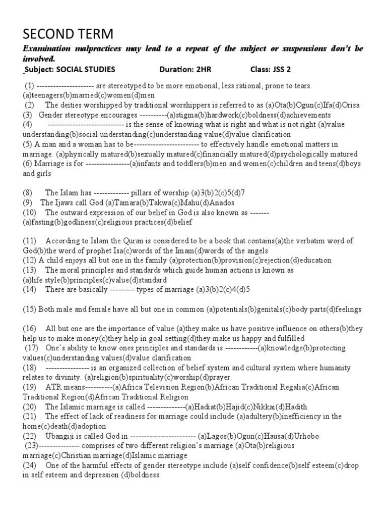 JSS 2 SECOND TERM SOCIAL STUDIES EXAMINATION (Replica) | PDF | Hadith
