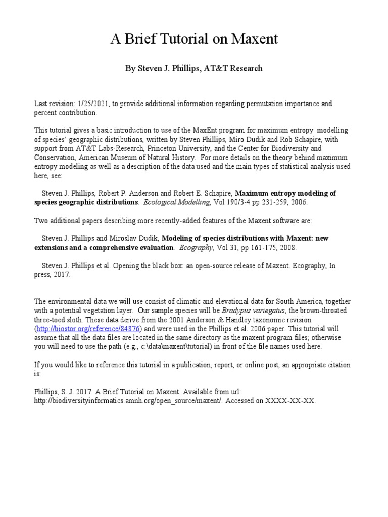 A Brief Tutorial On Maxent: by Steven J. Phillips, AT&T Research | PDF | Receiver Operating ...