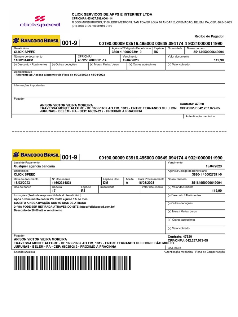 Recibo de pagamento de serviços de internet banda larga | PDF