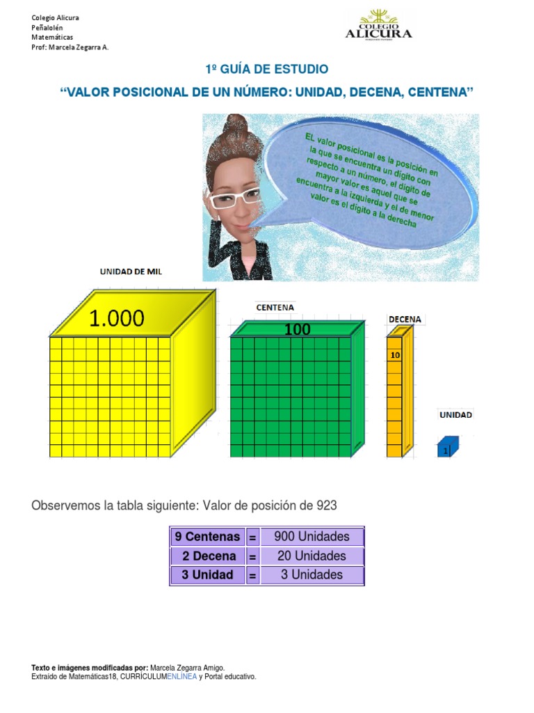 1º Guía de Estudio "Valor Posicional de Un Número: Unidad, Decena ...