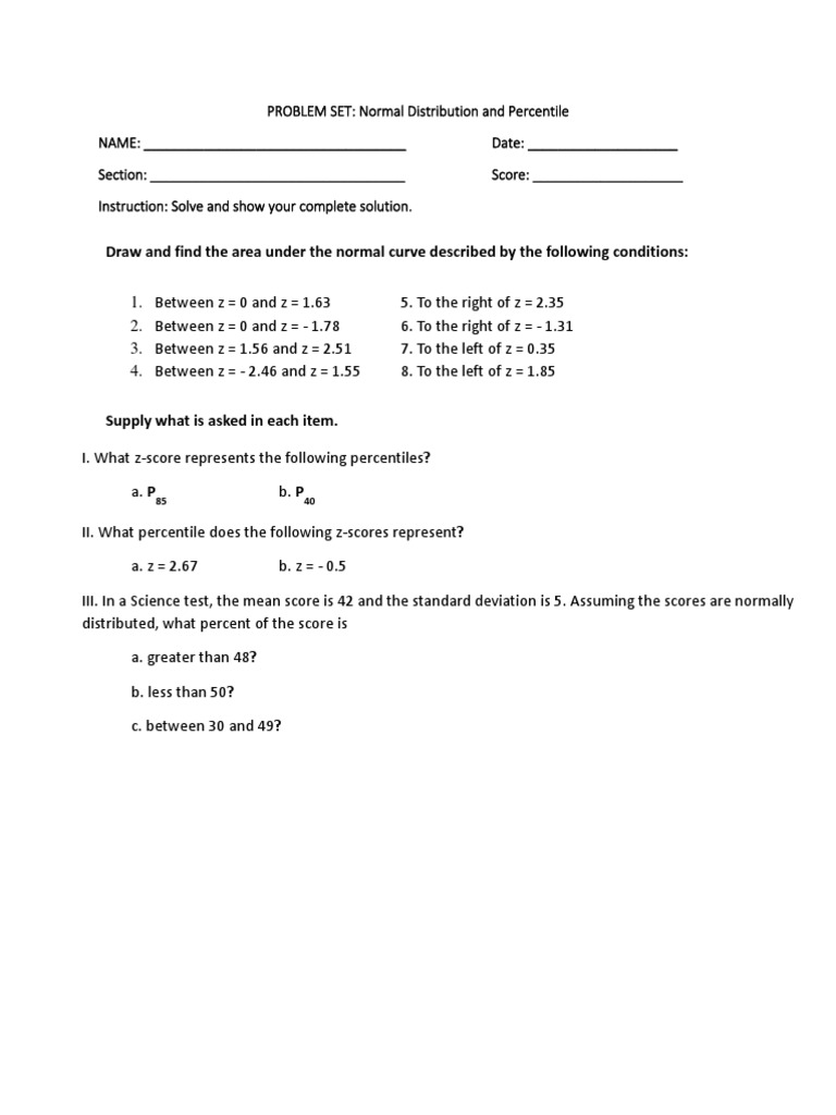 Problem Set For Normal Distribution and Percentile | PDF