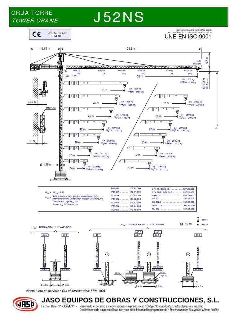 Grúa Torre Marca Jaso Modelo J52NS R52 Cp950 Cmax5000 | PDF