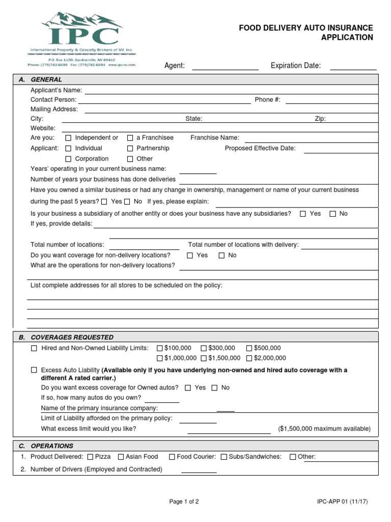 FOOD DELIVERY AUTO INSURANCE APPLICATION | PDF | Insurance | Vehicle ...