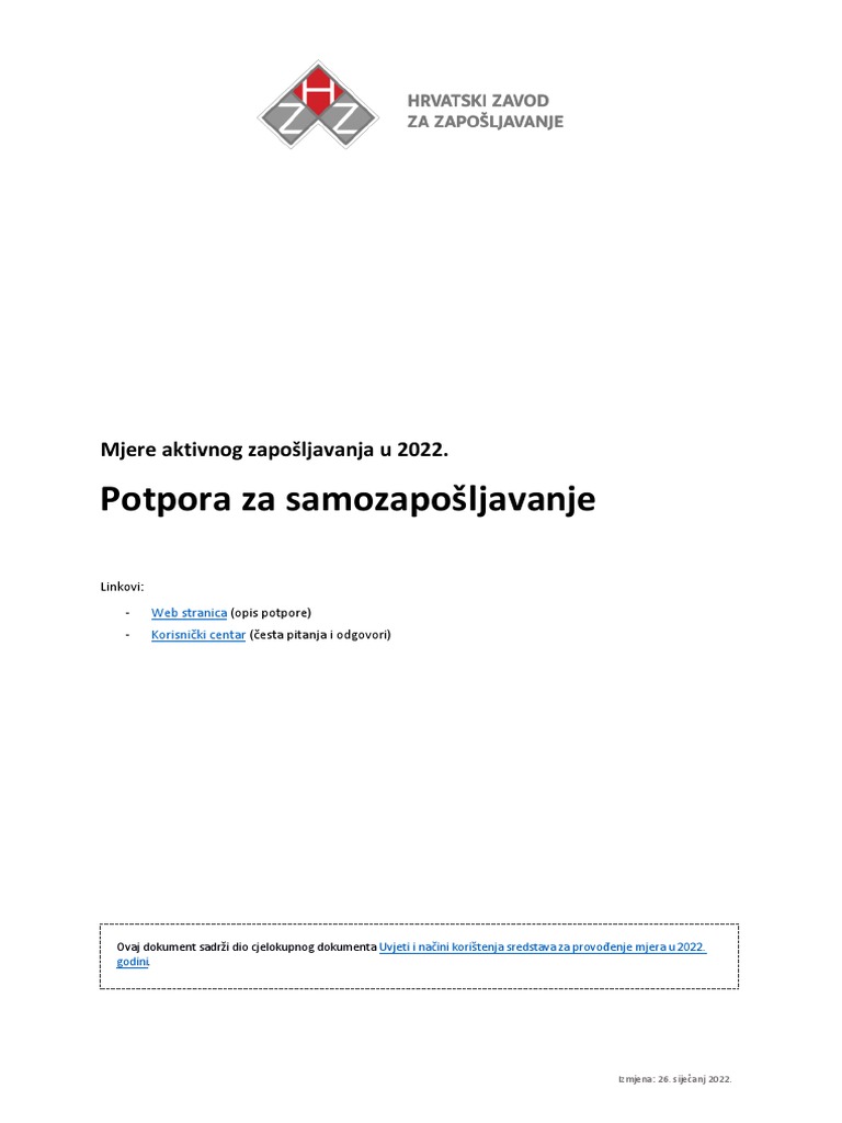 HZZ Dokument 2022 Samozaposljavanje Potpora | PDF