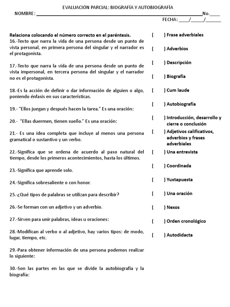 Evaluación de Biografía y Autobiografía | PDF | Adverbio | Unidades ...