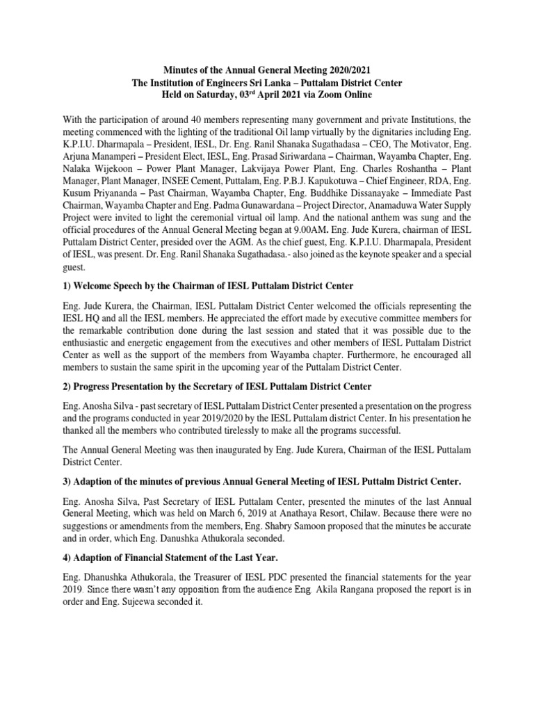 MoM of AGM - IESL PDC 2020: 2021 | PDF