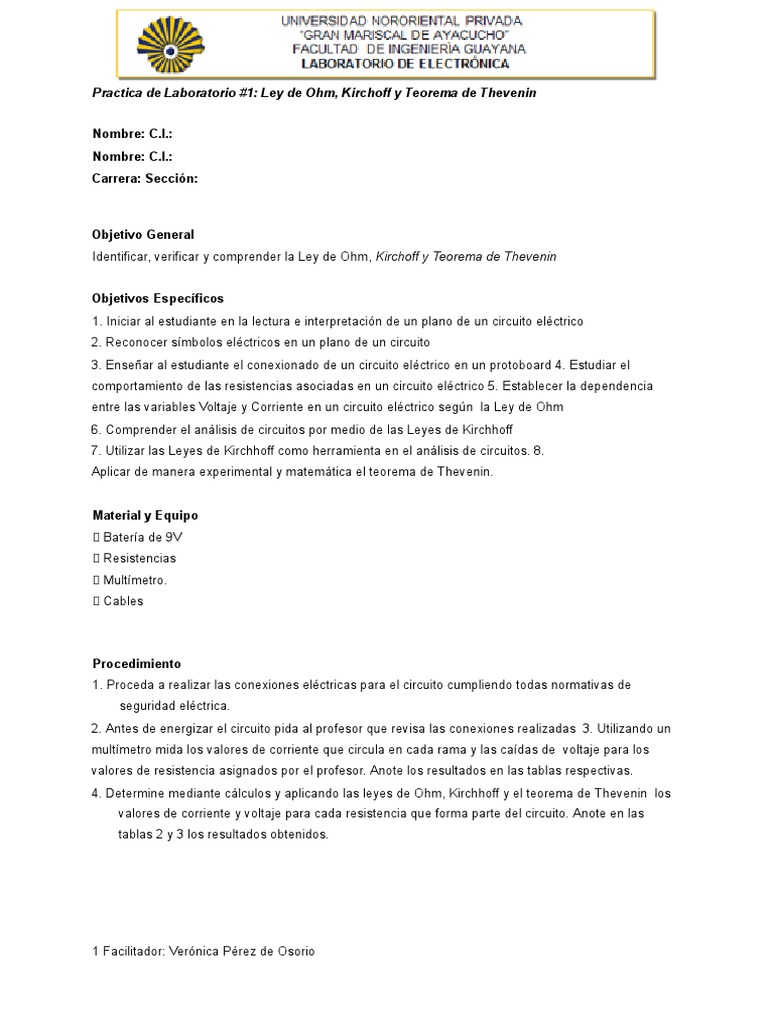 Lab de Electrónica - Practica #1 - Ley de Ohm-Kirchoff y Teorema de ...