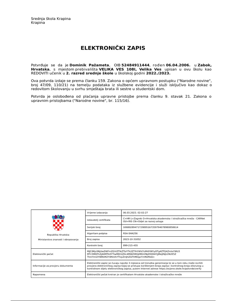 Elektronički Zapis: Hrvatska, S Mjestom Prebivališta VELIKA VES 108I ...