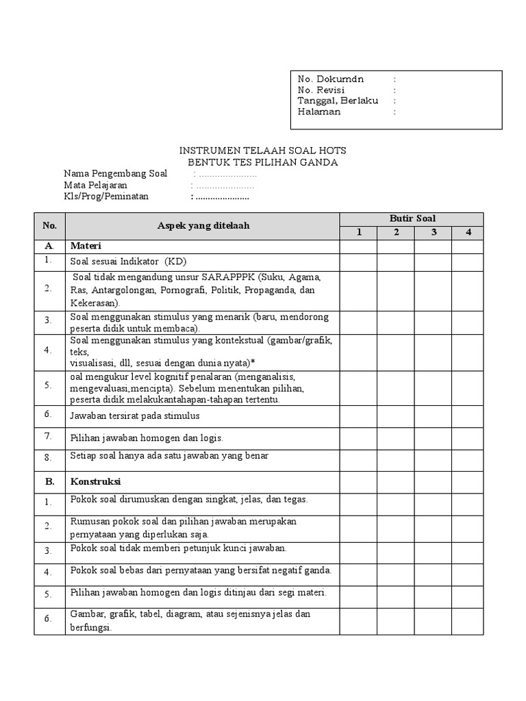 Instrumen Telaah Soal Hots | PDF