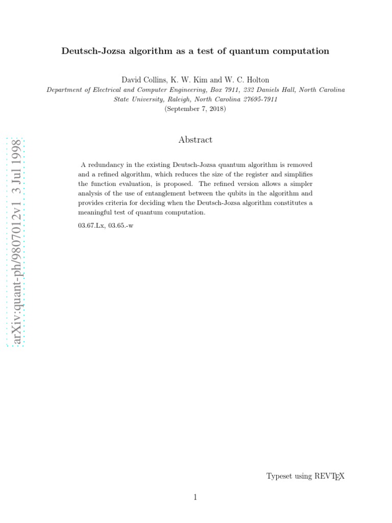 Deutsch-Jozsa Algorithm As A Test of Quantum Computation: David Collins ...