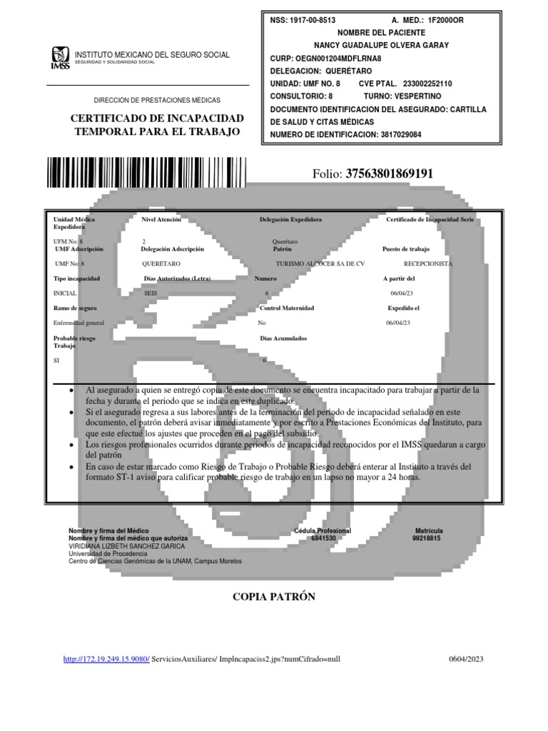 Certificado de Incapacidad Temporal para El Trabajo: Folio ...