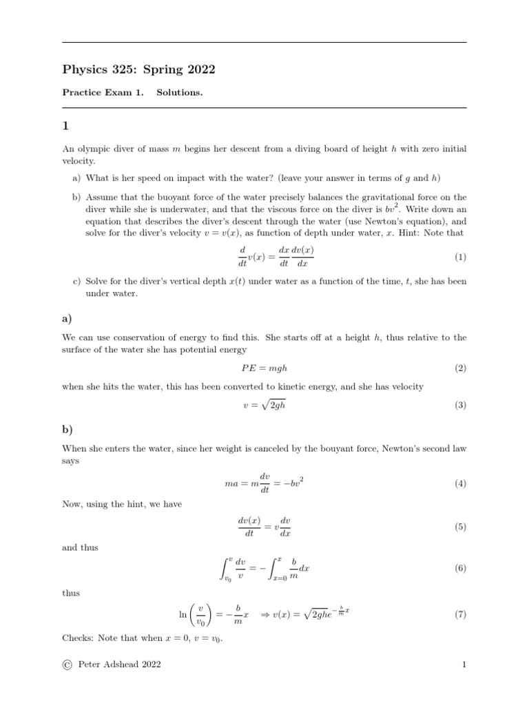 Practice Exam1 Solutions | PDF | Mass | Sphere
