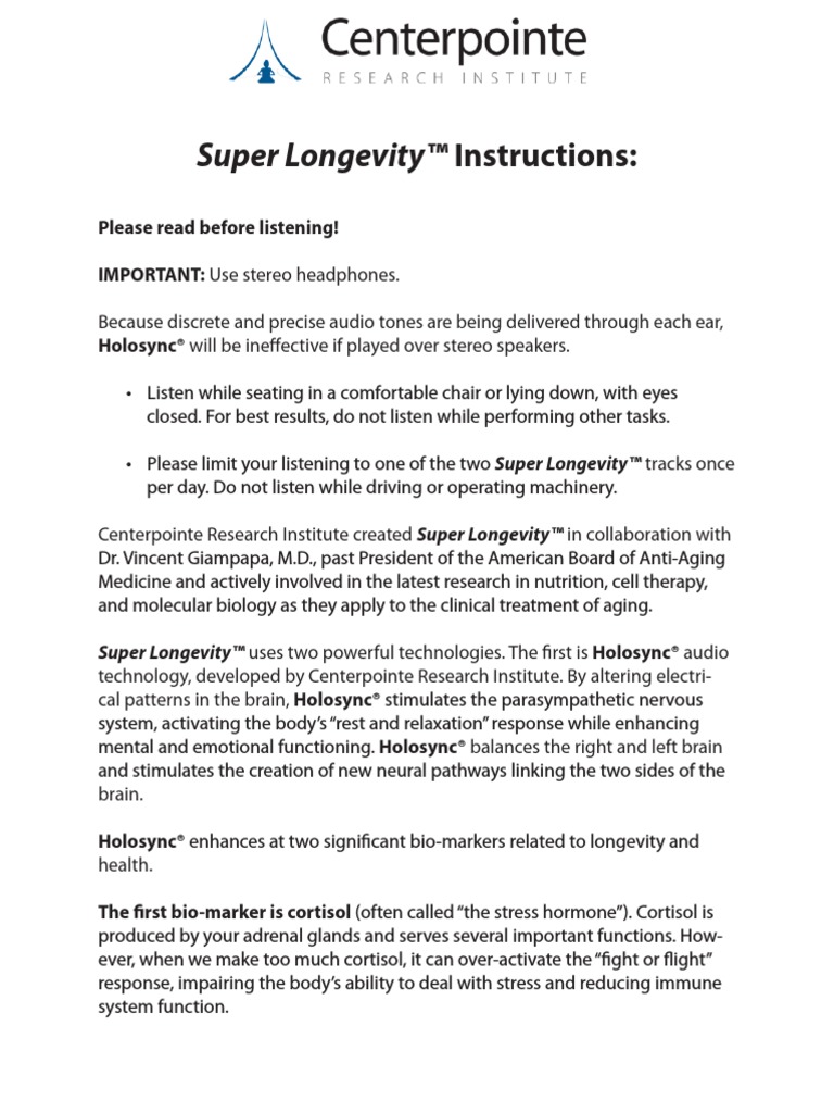 Super Longevity mp3 Instructions | PDF | Stress (Biology) | Cortisol