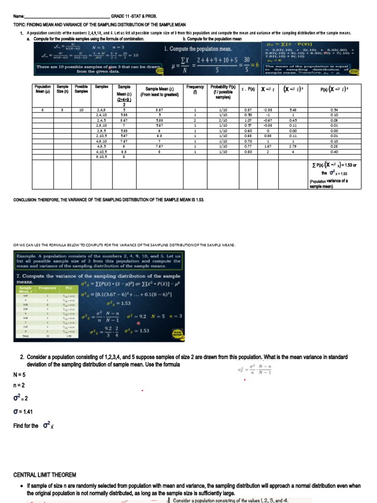 Finding Variance And Mean Of Sample Means Pdf Variance Normal Distribution